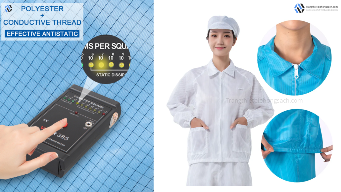 Quần Áo Rời Phòng Sạch Chống Tĩnh Điện Màu Trắng, Cổ Bẻ, Có Khoá Kéo ...